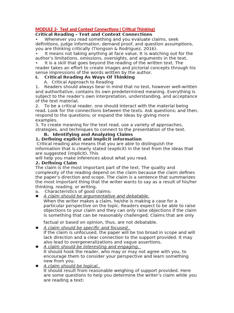 Reading and Writing Module 2 | PDF | Argument | Critical Thinking