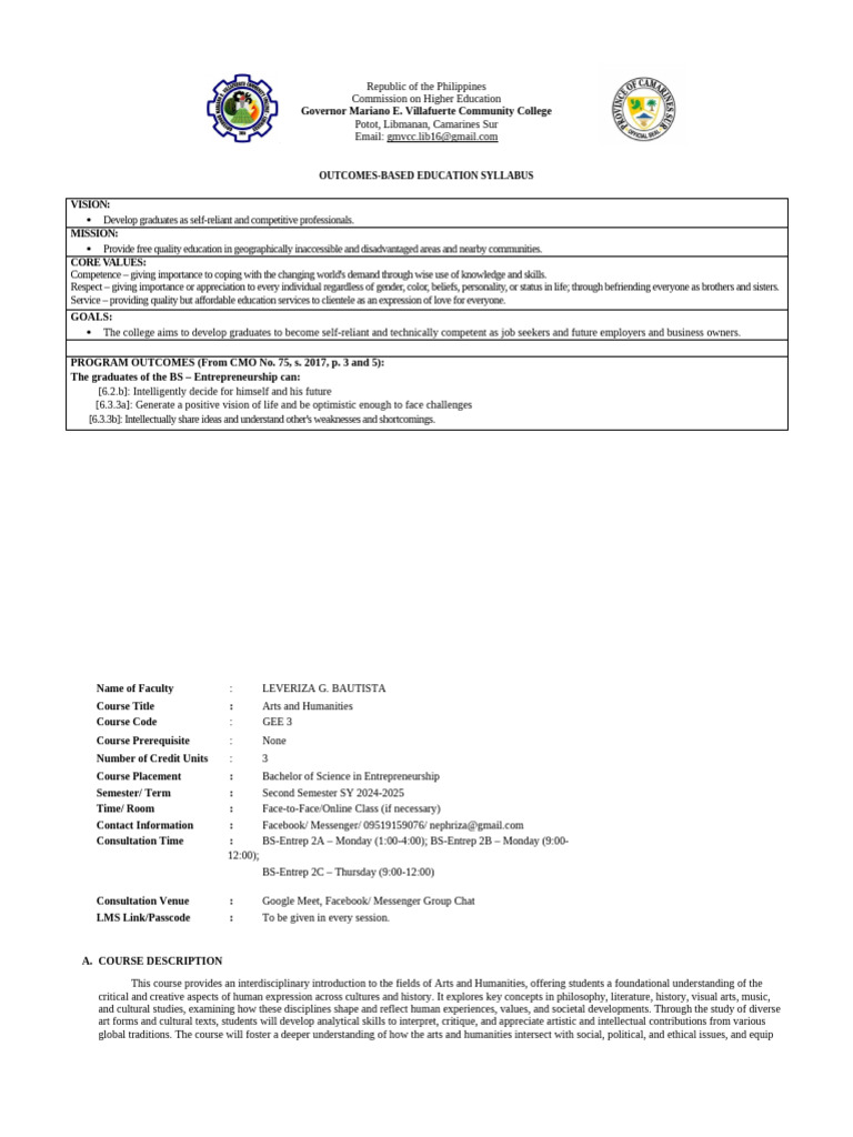 Arts and Humanities Course Syllabus | PDF | The Arts | Liberal Arts ...
