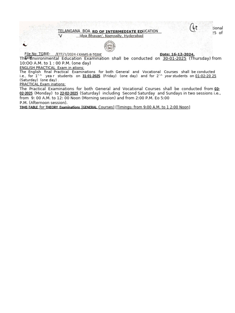 IPE 2025 Exam Time Table for Telangana | PDF