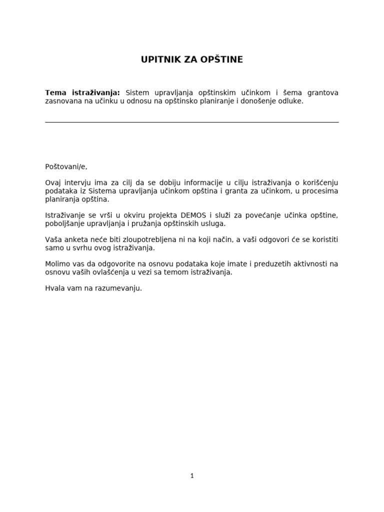 Upitnik Za Opštine | PDF