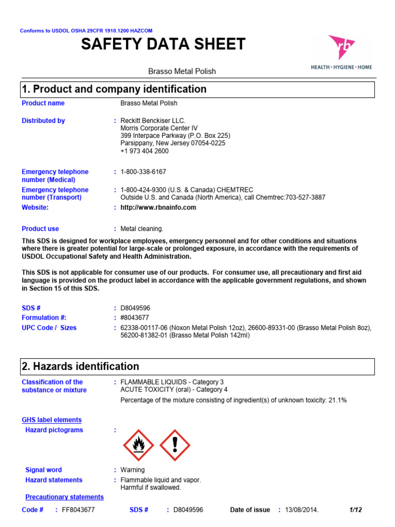 Brasso Sds Safety Data Sheet , Brasso Liquid 1ltr Coshh Sheet – EICQN