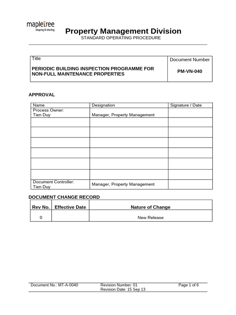 SOP_PMVN-0040 Periodic Building Inspection Programme Maintenance | PDF