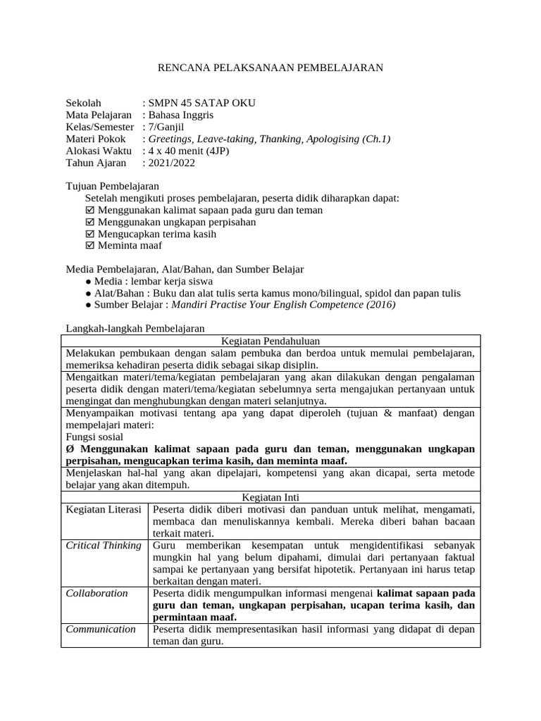 RPP B.ing Kelas 7 - 8 - 9 Dan IPA Kelas 7 | PDF