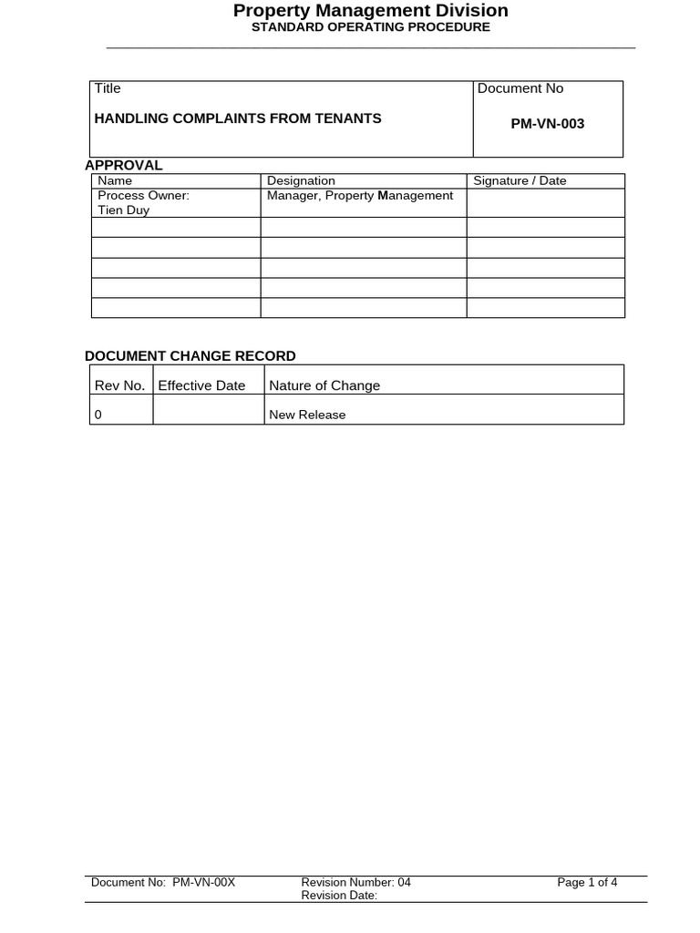 SOP - PMVN-003 Handling Complaints From Tenants | PDF