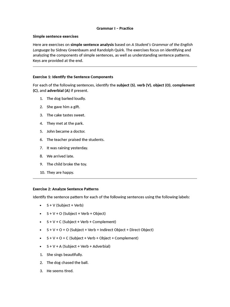 Simple Sentence Exercises | PDF | Verb | Object (Grammar)