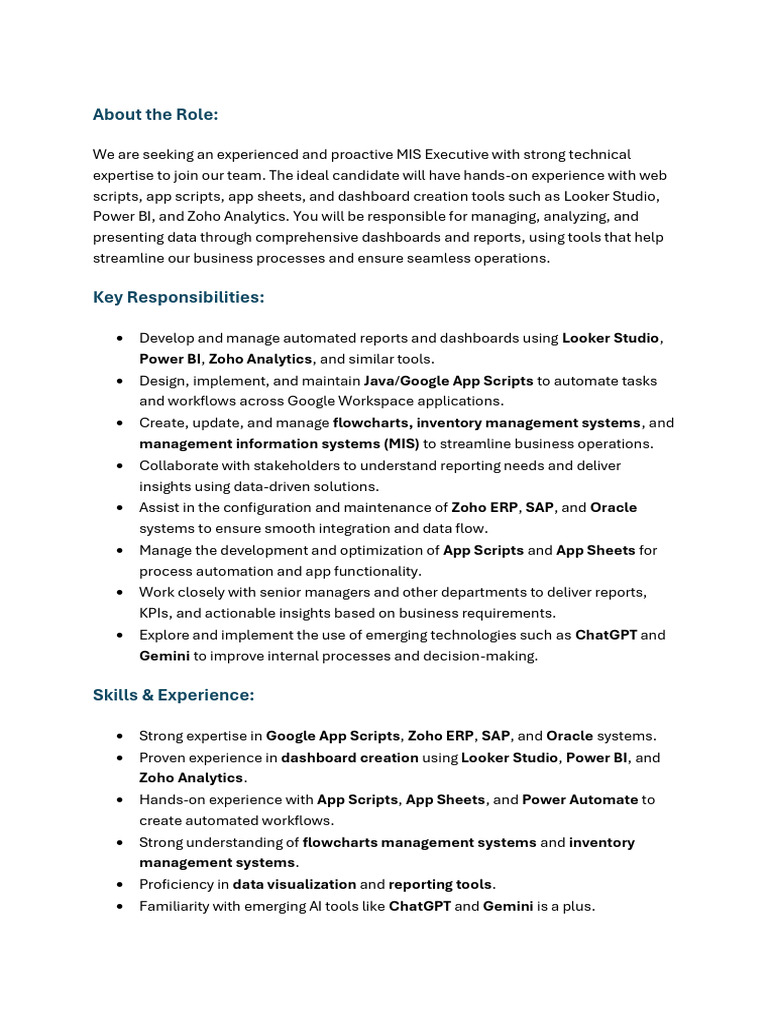 MIS Executive Job Description & Responsibilities | PDF | Automation ...