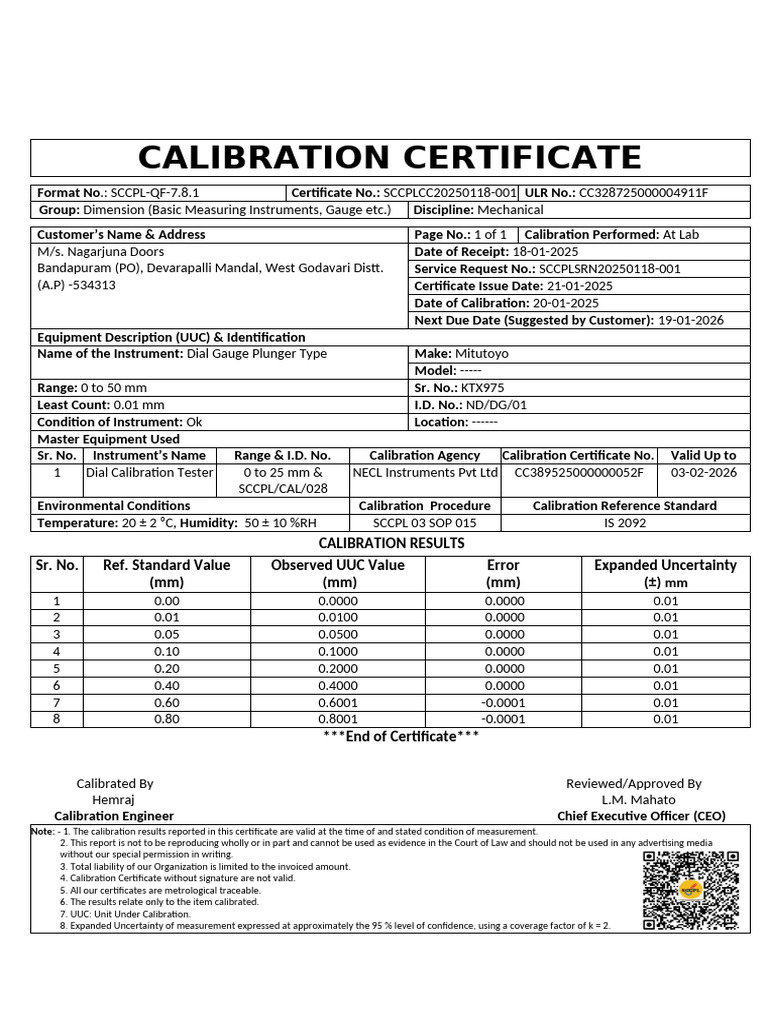 Dial Gauge Calibration Certificate | PDF | Calibration | Physical ...