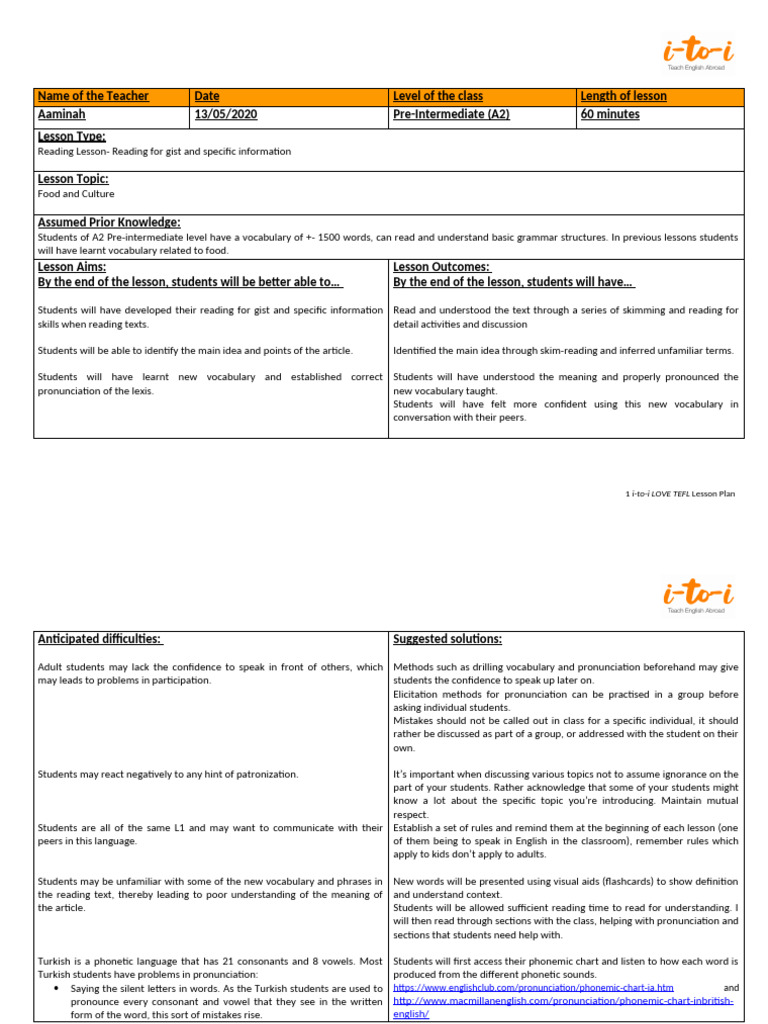 Aaminah Ally Reading Lesson Plan | PDF | Vocabulary | Taste