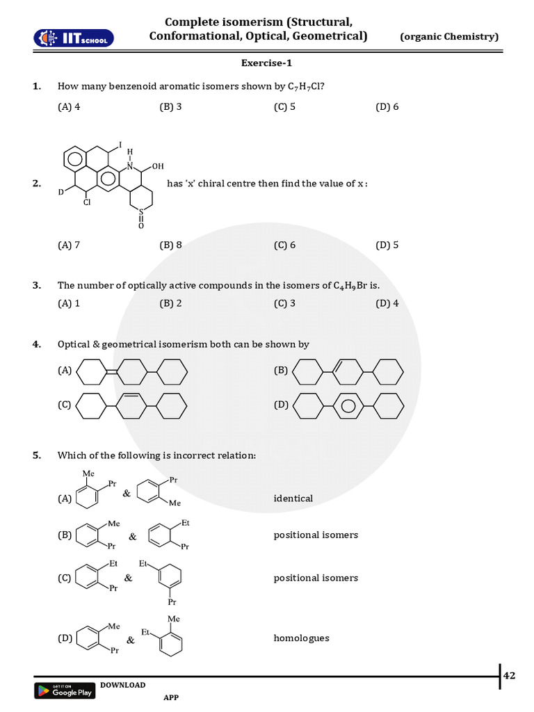 Sheet 01 Complete Isomerism Structural Conformational Optical Geometrical Pdf