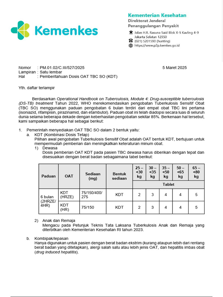 Surat Pemberitahuan Dosis OAT Tuberkulosis Sensitif Obat (KDT) | PDF