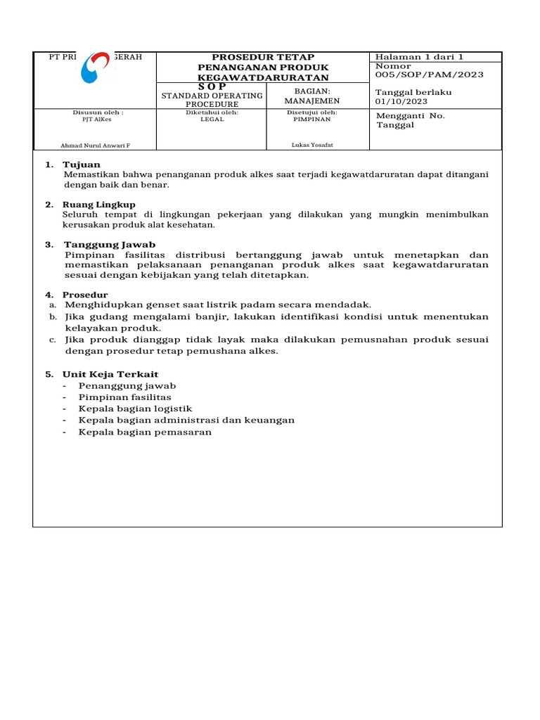 Sop Penanganan Produk Alkes Kegawatdaruratan | PDF