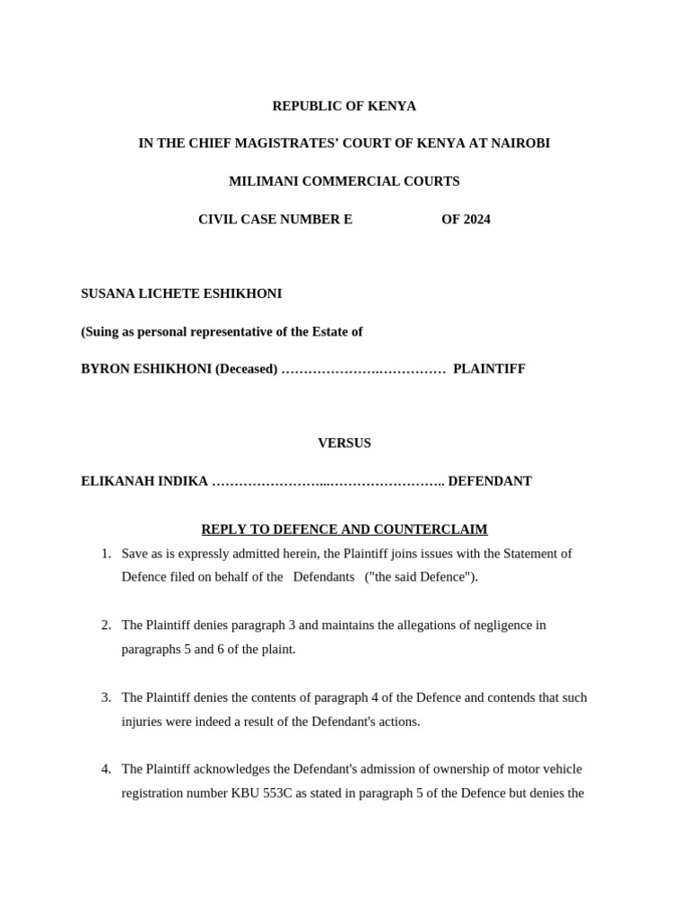 Reply To Defence and Counterclaim | PDF | Lawsuit | Negligence