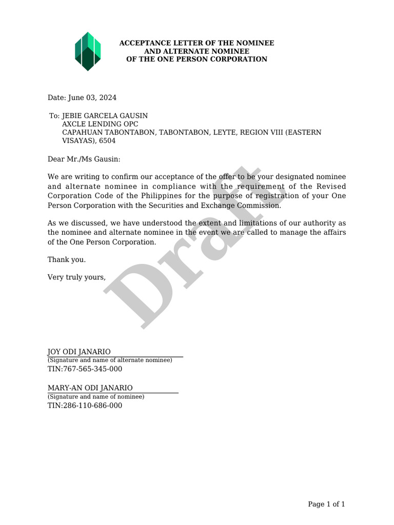 Letter of Acceptance of the Nominee and Alternate Nominee | PDF