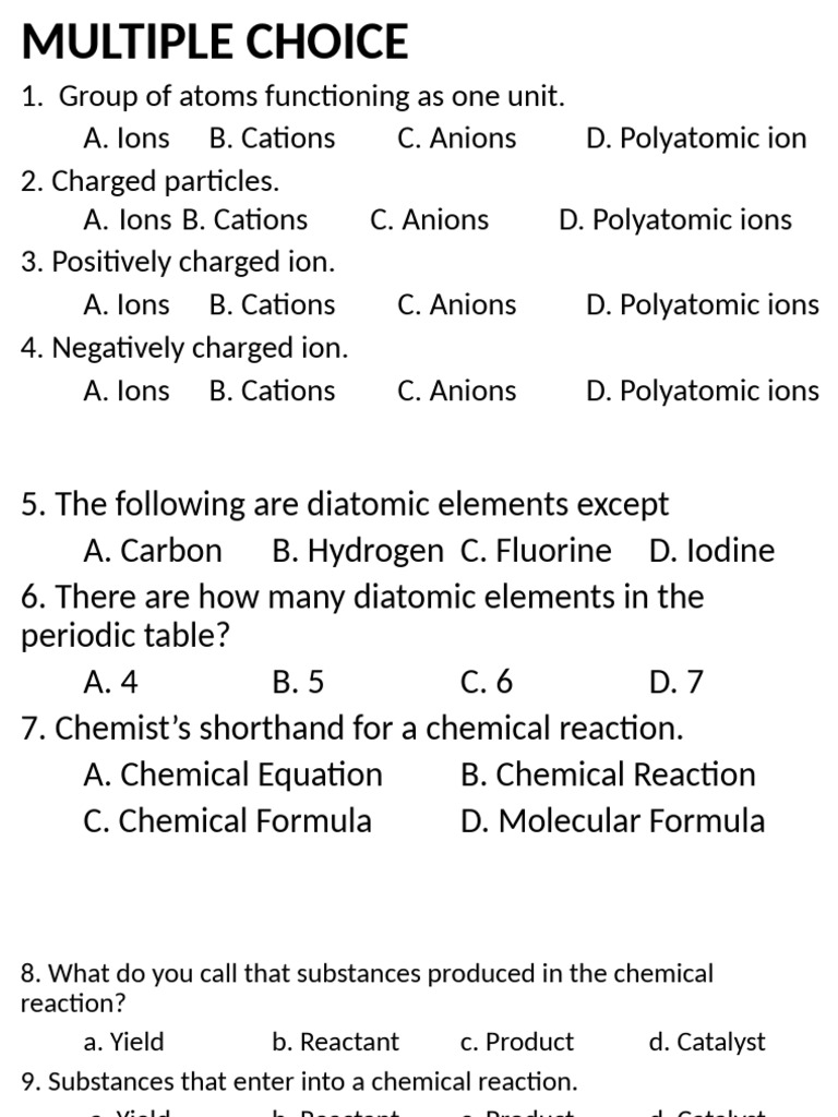 Chemistry Multiple Choice Questions | PDF