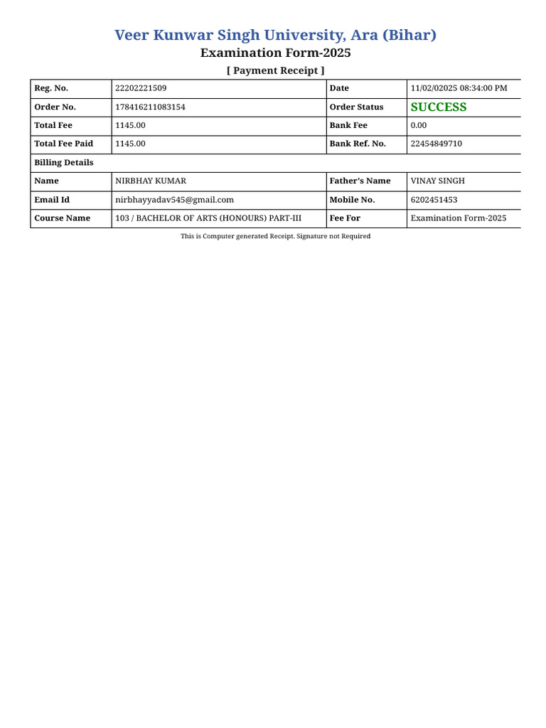 Nirbhay Part 3 Exam Form Payment Receipt | PDF