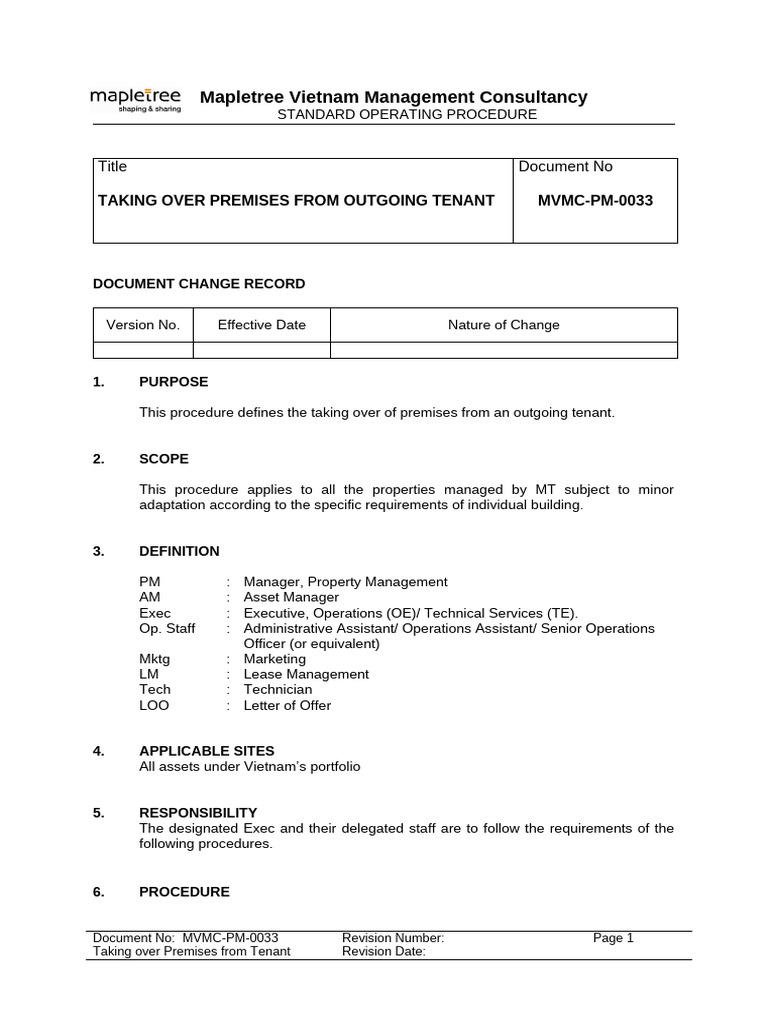 MVMC-PM-0033 Taking Over Premises from Outgoing Tenant v1 RCEO | PDF | Lease | Leasehold Estate