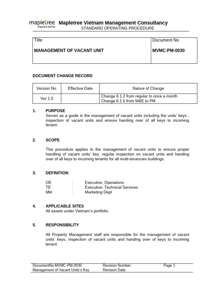 MVMC-PM-0030 MGT of Vacant Units' Keys v1 RCEO | PDF