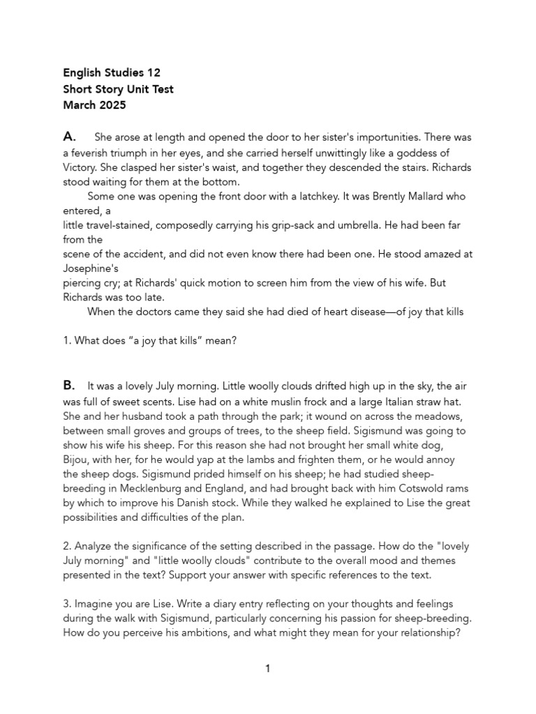 English Studies 12 Short Story Test | PDF