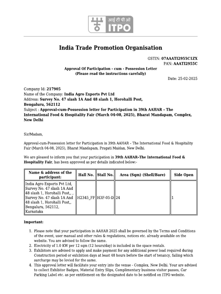 AAHAR - Allotment Letter | PDF