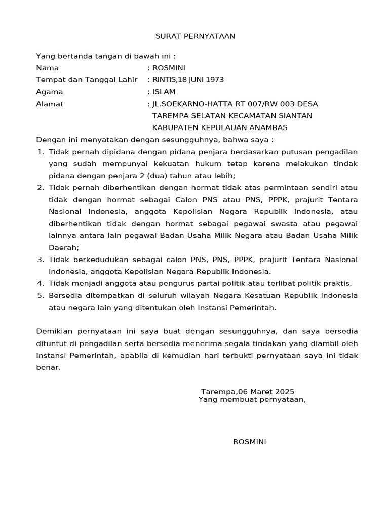 Surat Pernyataan 5 Point Rosmini Baru | PDF