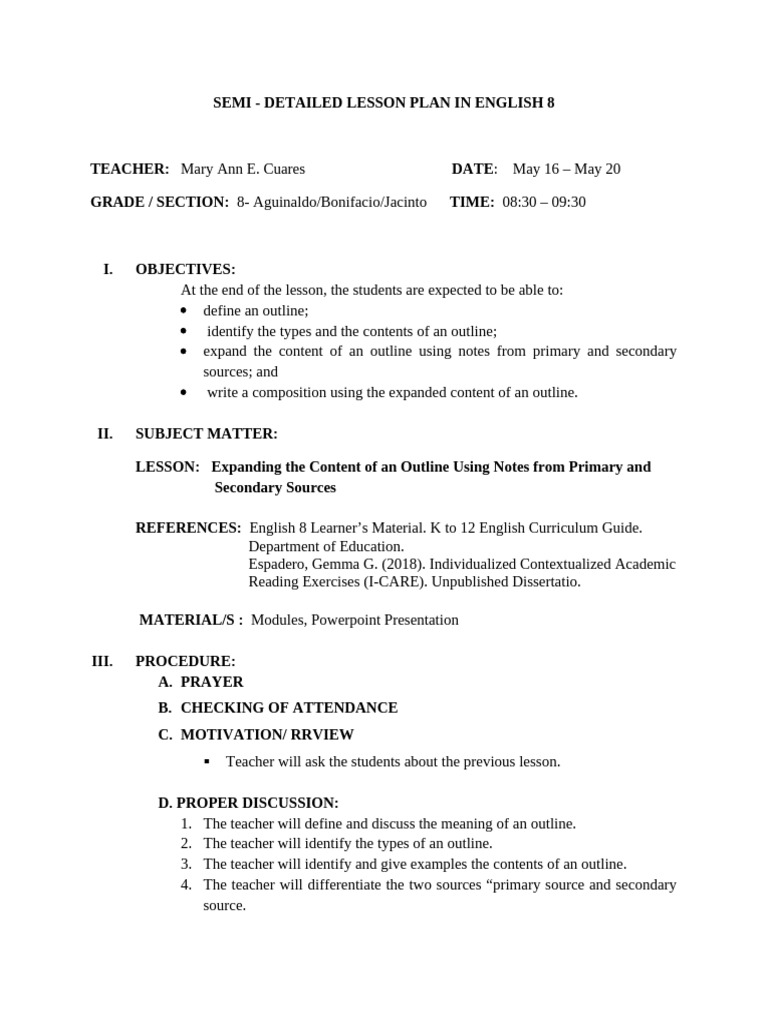 English 8 Lesson Plan: Outlines and Sources | PDF | Teachers | Thesis