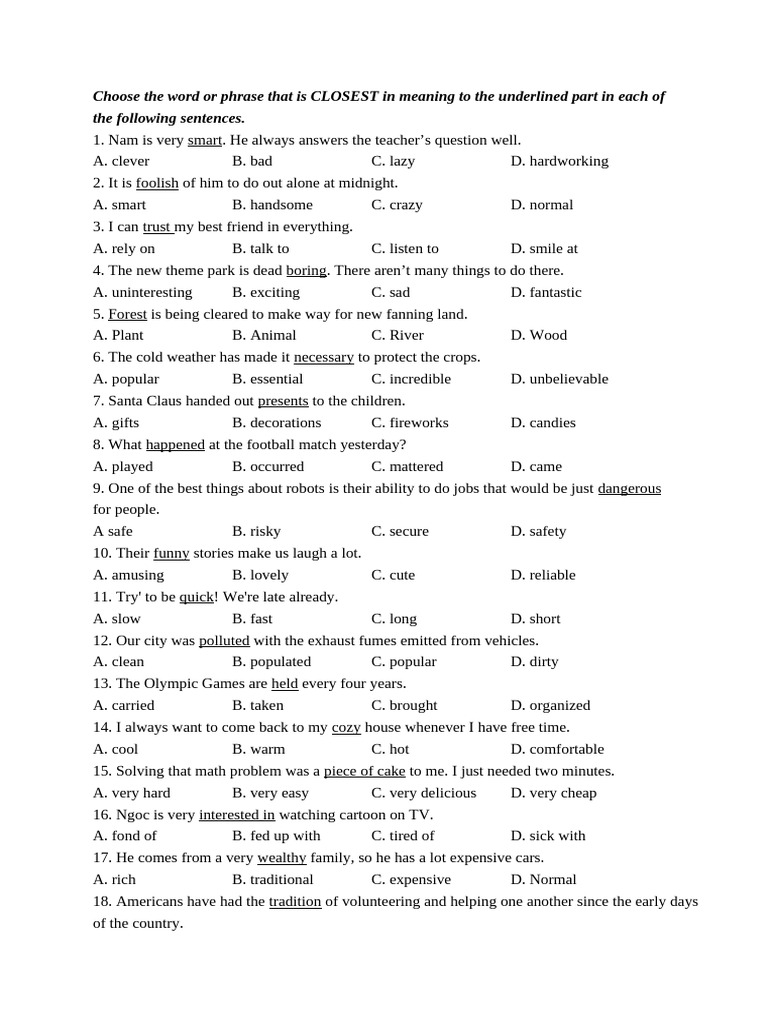 Choose The Word or Phrase That Is CLOSEST in Meaning | PDF