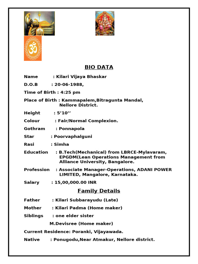 Kilari Vijaya Bhaskar Bio Data | PDF