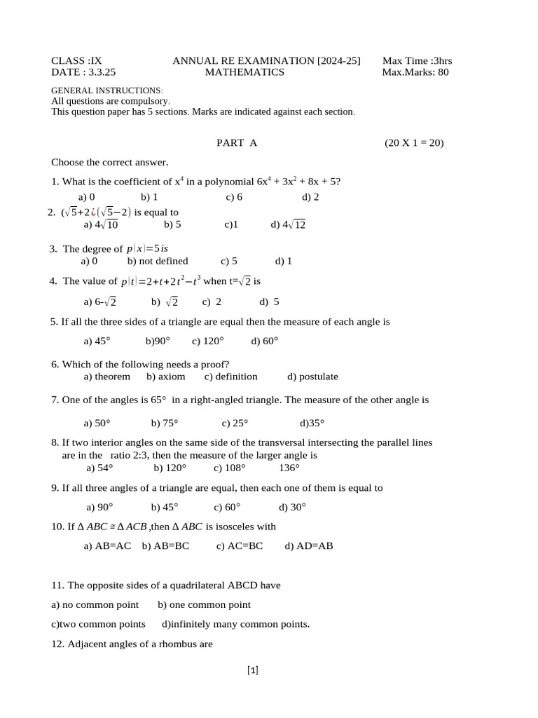 CL9-ANNUAL EXAM QP - Final | PDF | Area | Mathematics
