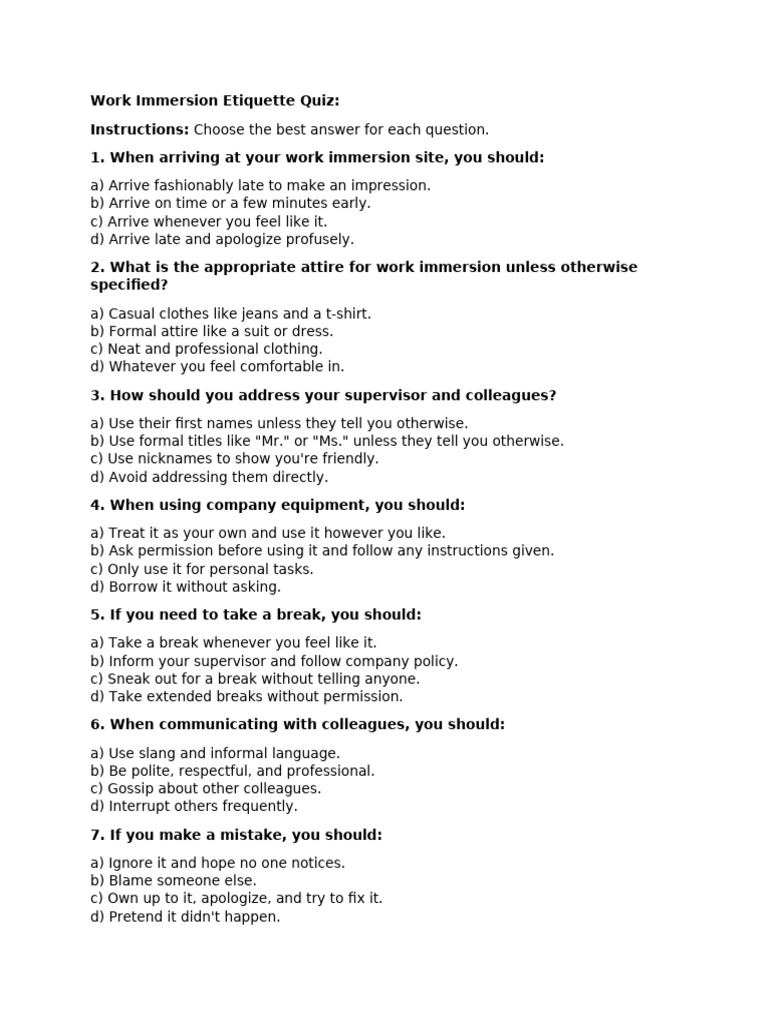 Work Immersion Etiquette Quiz Guide | PDF | Clothing