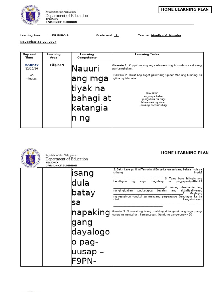 Home-Learning-Plan filipino 9 | PDF