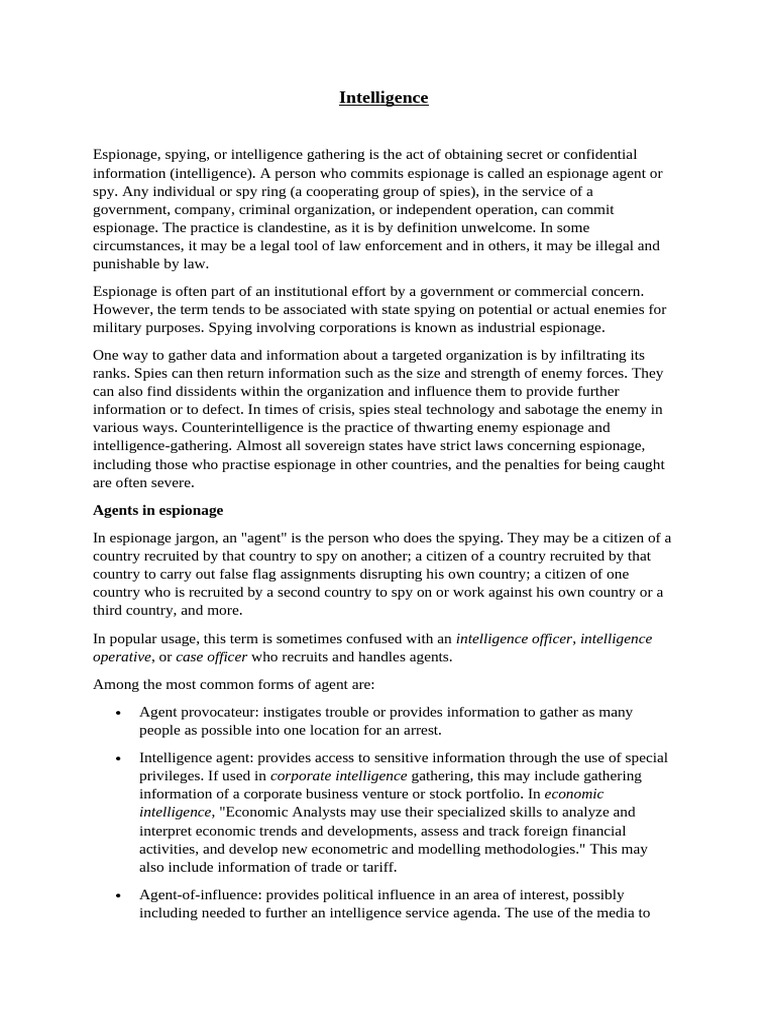 Intelligence | PDF | Espionage | Signals Intelligence