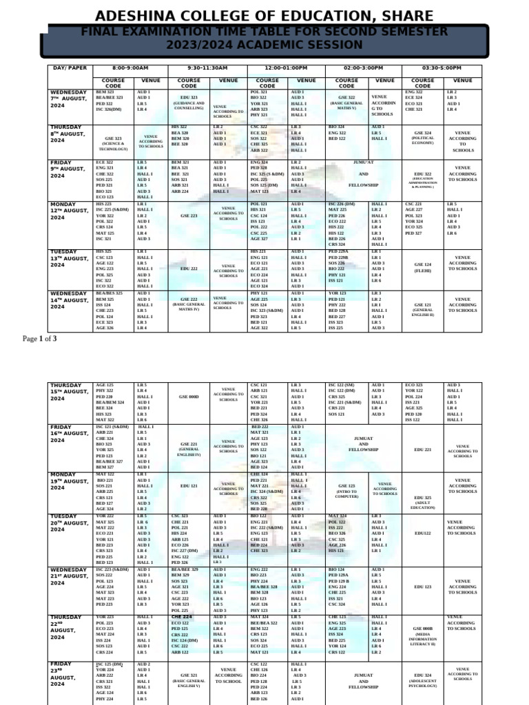 Final 2023 2024 Second Semester Examination Timetable Ii | PDF ...