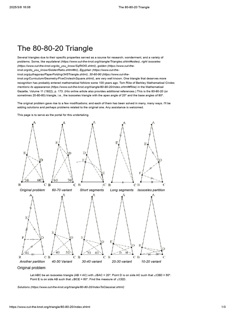 LANGLEY The 80-80-20 Triangle (Cut-The-Knot) | PDF | Triangle ...