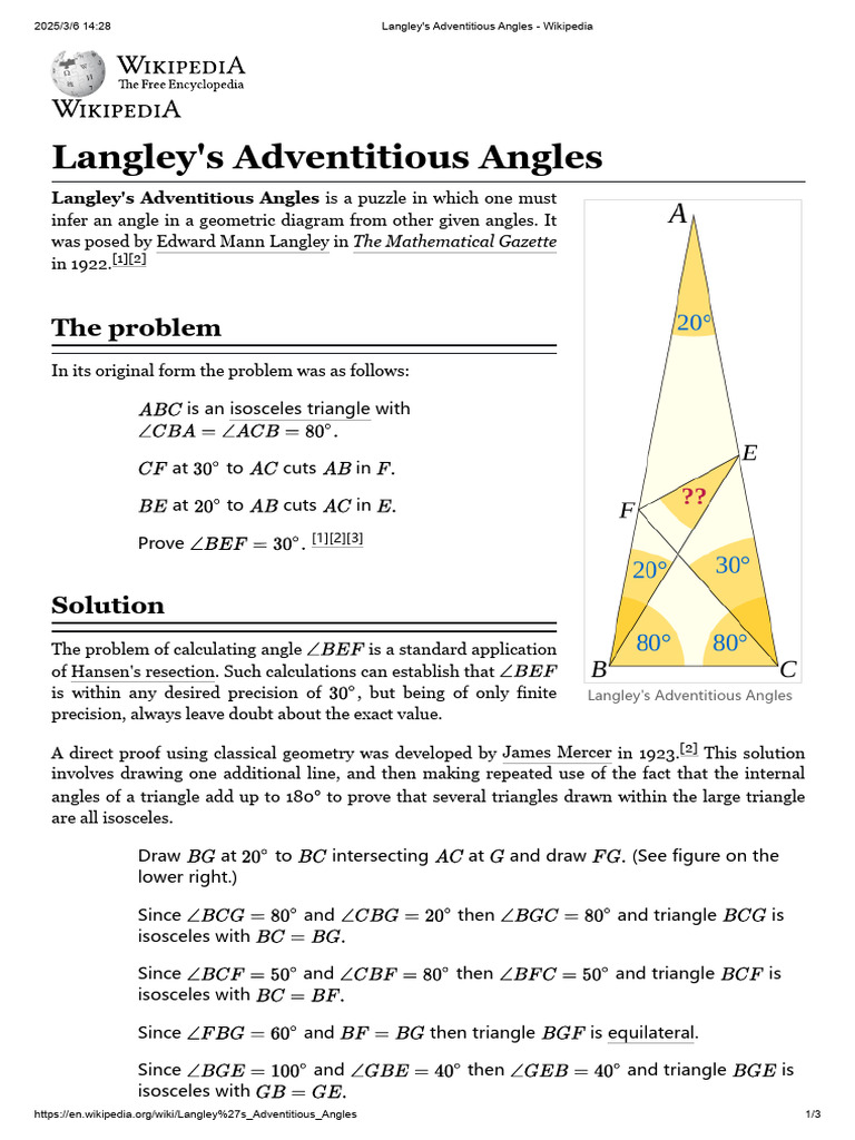 2025 Langley's Adventitious Angles - Wikipedia | PDF | Triangle | Geometry