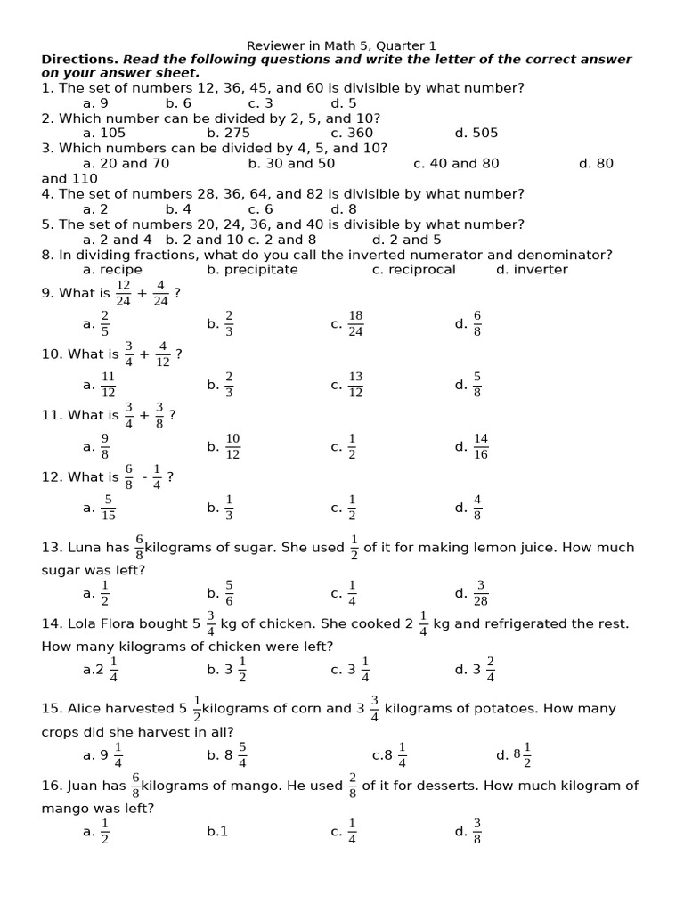 Reviewer in Math 5 Quarter 1 | PDF | Foods | Cuisine