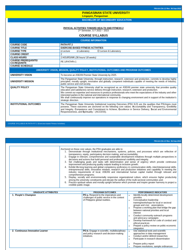 PATH FIT 2 Course Syllabus | PDF | Physical Fitness | Learning