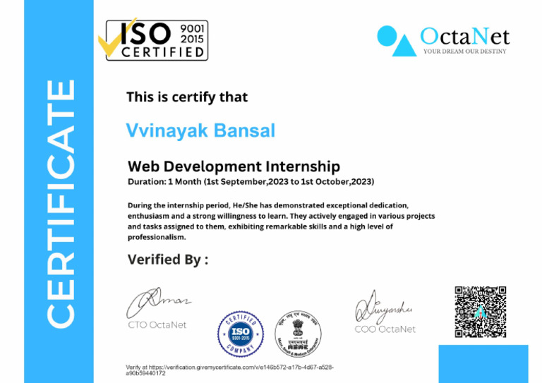 Octanet Internship Certificate | PDF