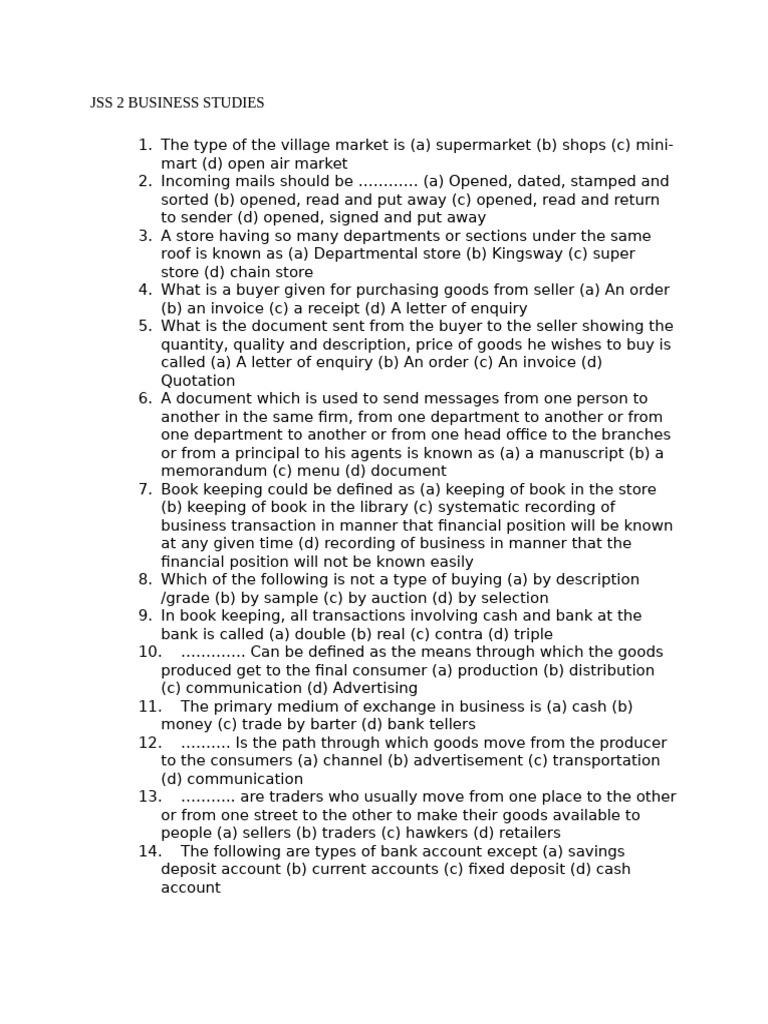 JSS 2 Business Studies Second Term | PDF | Banks | Money