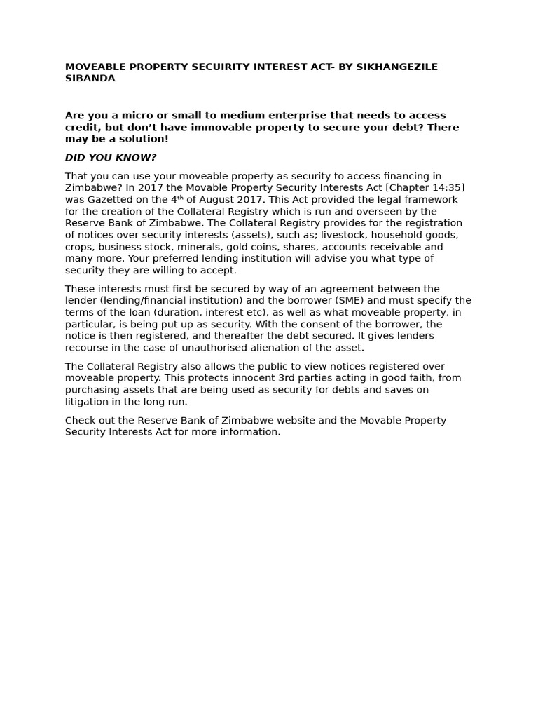 Moveable Proeprty Security Interests Act - Zimbabwe | PDF