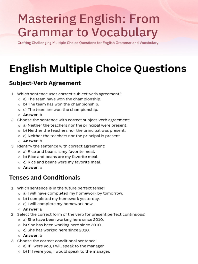 English Multiple Choice Questions | PDF | English Language | Verb