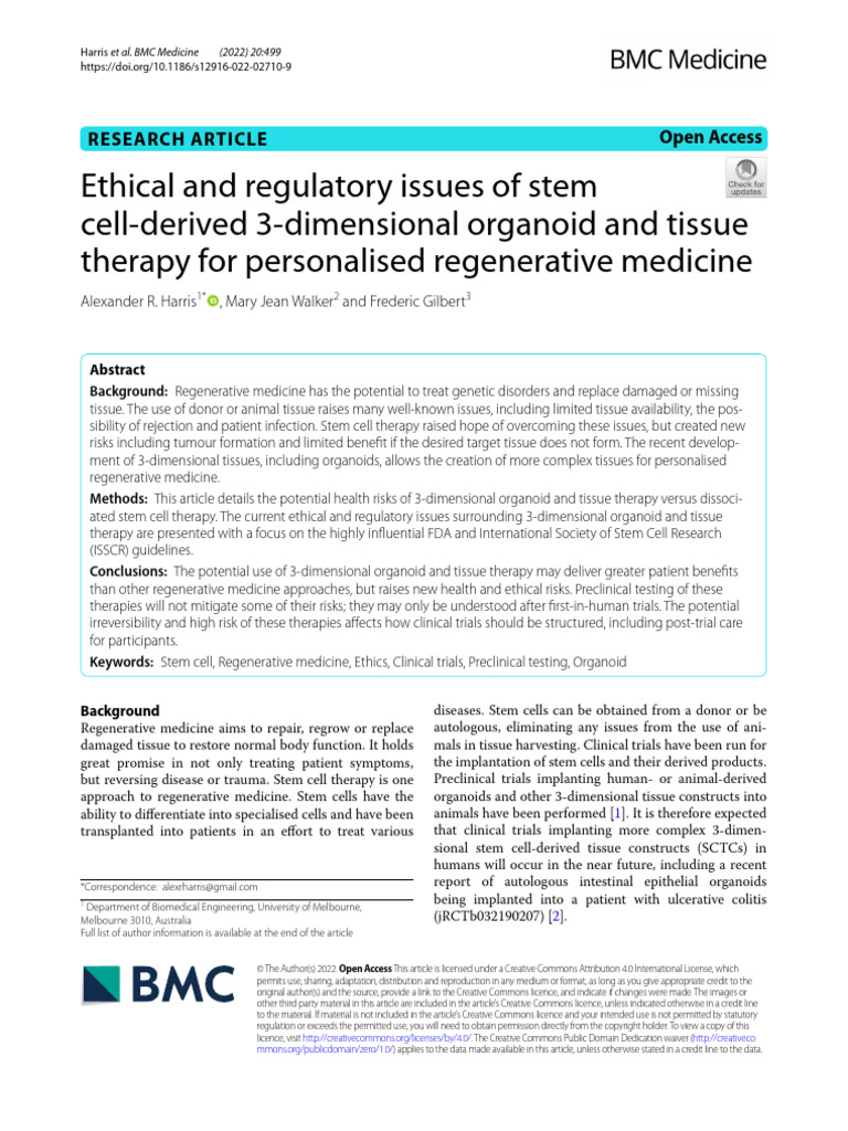 Ethical and Regulatory Issues of Stem Cell-Derived 3-Dimensional ...