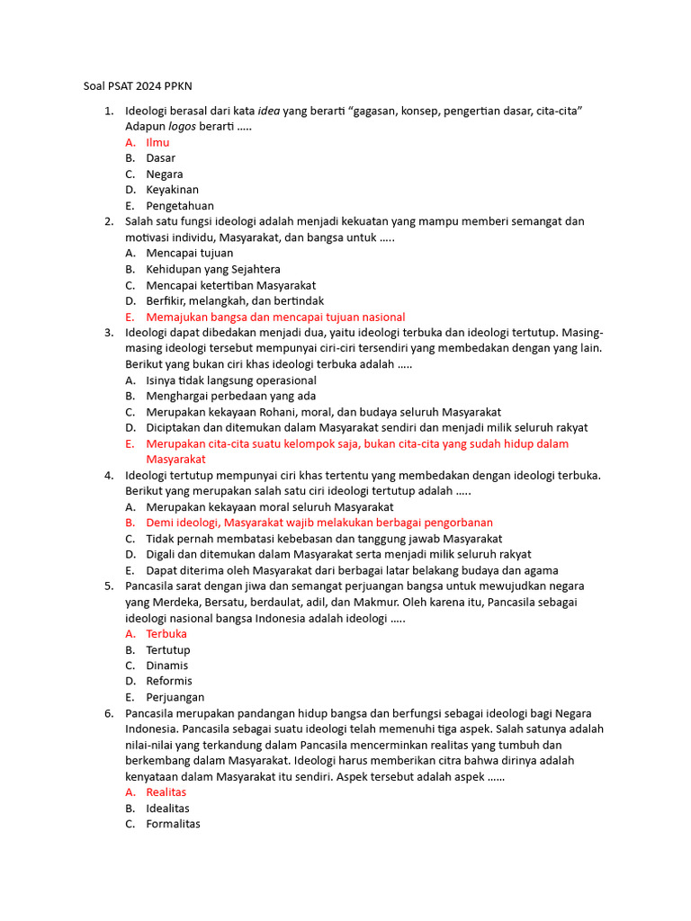 Soal Psat 2024 Ppkn | PDF