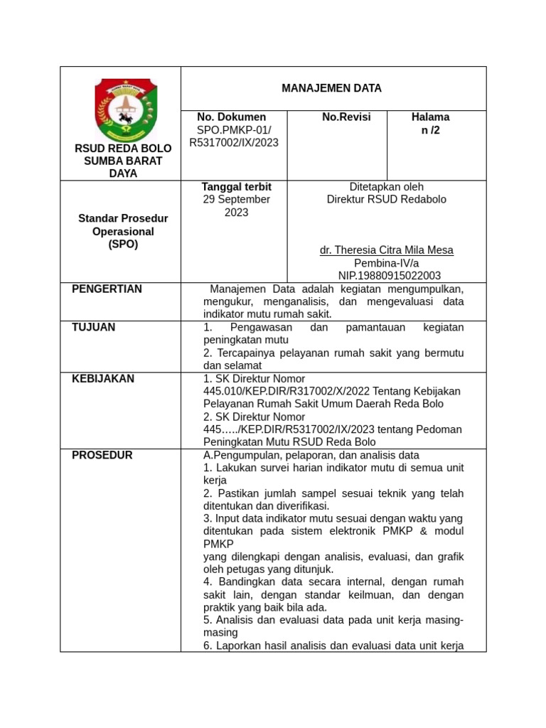 Manajemen Data RSUD Reda Bolo 2023 | PDF