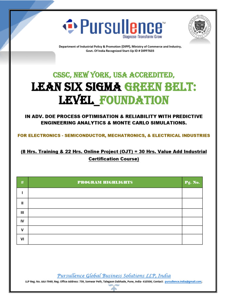 Lean Six Sigma Green Belt Foundation - Doe Engg Process Reliability ...