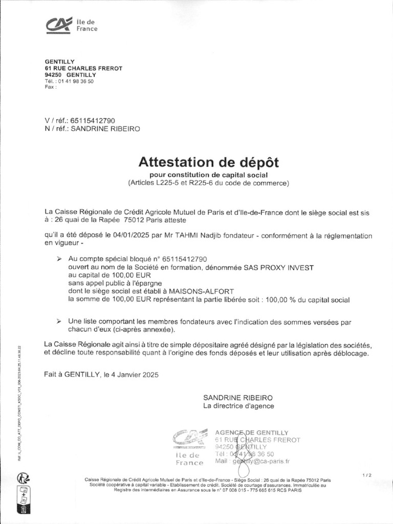 Attestation Depot Capital Social Proxy Invest | PDF