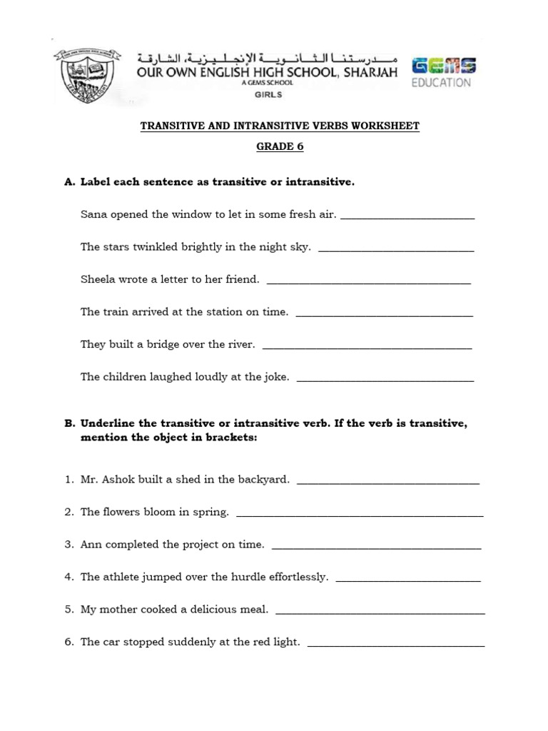 Grade 6 - 2024-25 - English Grammar - Transitive or Intransitive | PDF