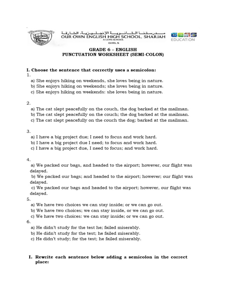 Grade 6 Semicolon Punctuation Worksheet | PDF | Typographical Symbols ...