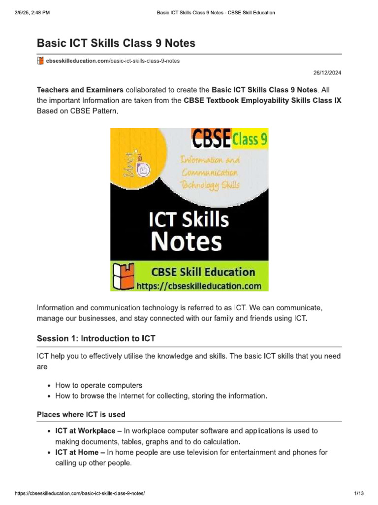 Basic ICT Skills Class 9 Notes | PDF