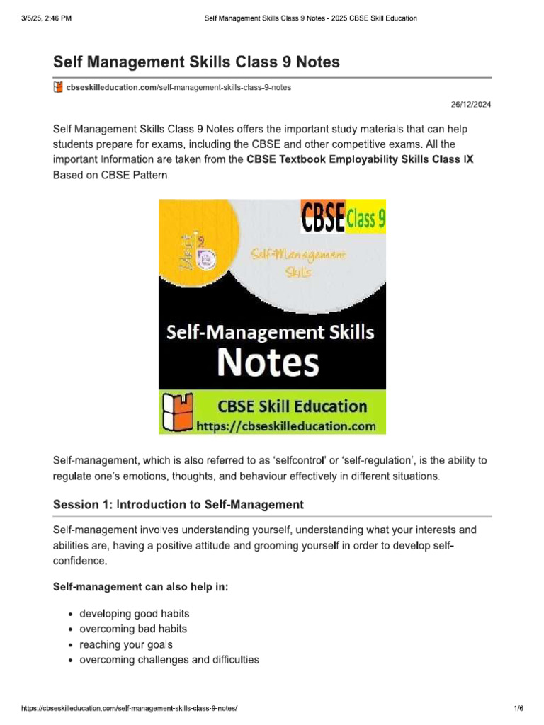 Self Management Skills Class 9 Notes | PDF