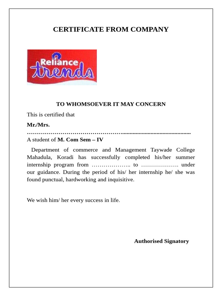 CERTIFICATE FROM COMPANY Reliance Jio Trend | PDF